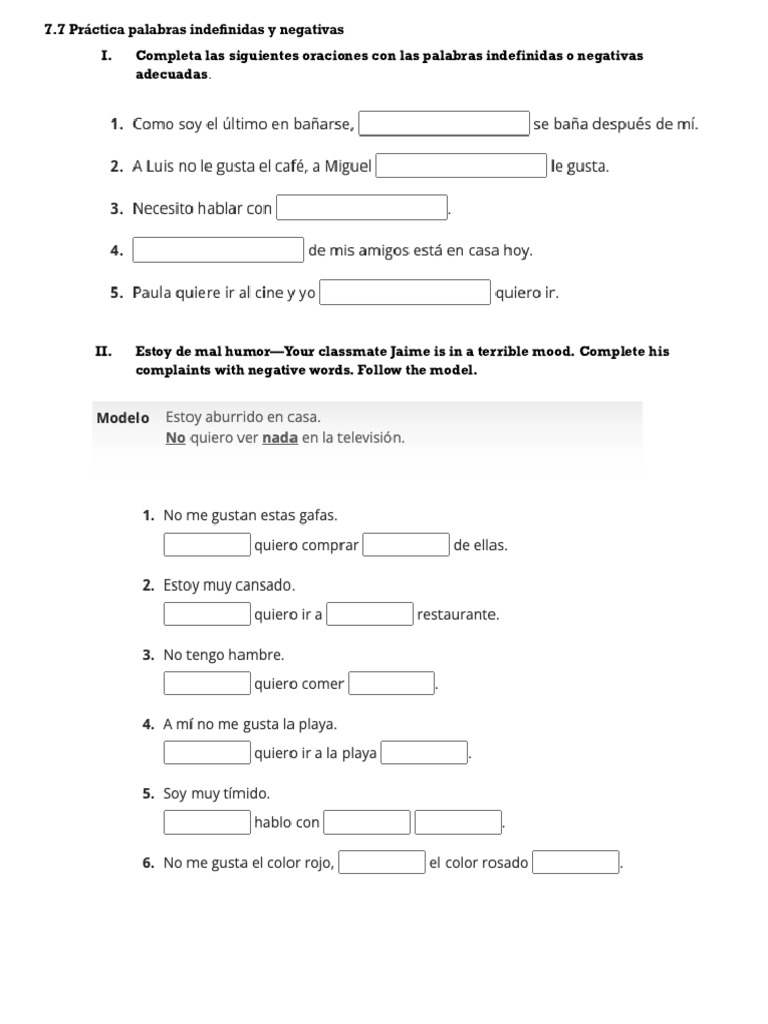 7.7 Práctica Palabras Indefinidas y Negativas | PDF