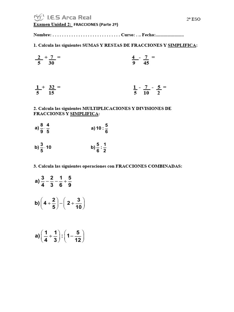 Examen Unidad 1. Parte B. Operaciones Con Fracciones | PDF | Ciencia y ...