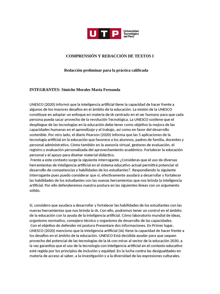 Tarea Texto Preliminar PC1 MARIA FERNANDA SIMICHE MORALES | PDF | Inteligencia artificial ...