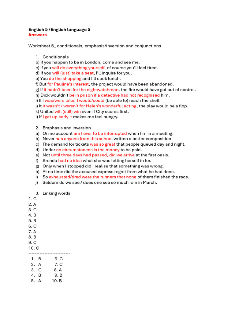 Grammar Conditionals Inversion Emphasis Conjunctions Answers | PDF ...