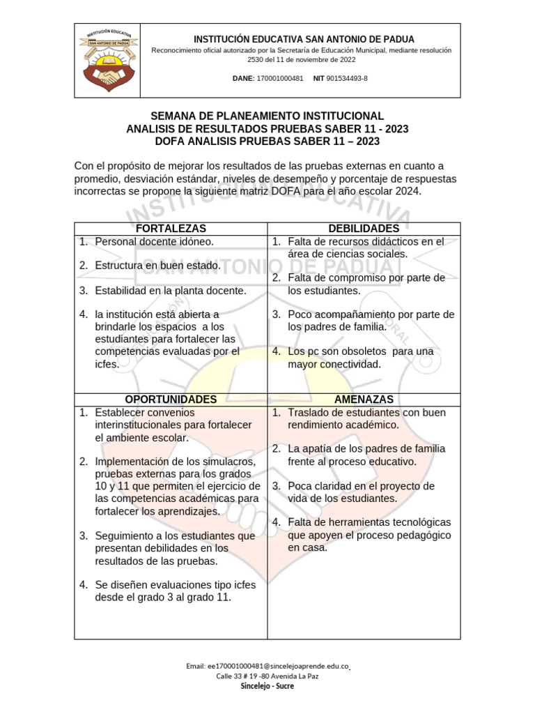 Análisis DOFA Pruebas Saber 11 - 2023 | PDF | Análisis FODA | Maestros