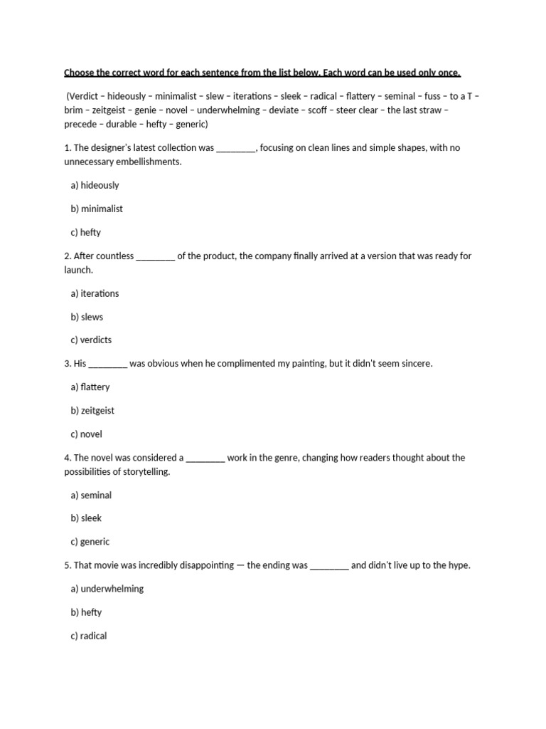 Vocabulary Quiz: Word Choice Exercise | PDF | Teaching Methods ...
