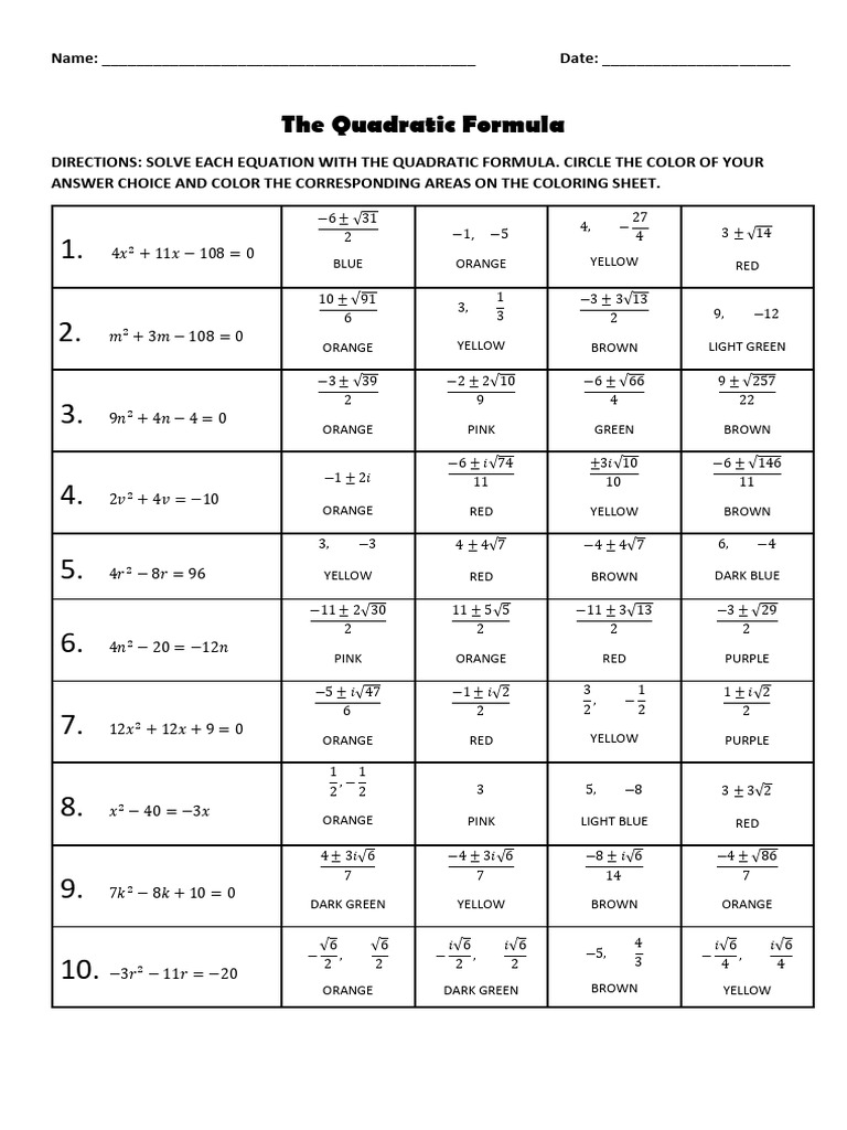 Quadratic Formula Coloring Activity | PDF | Quadratic Equation | Brown