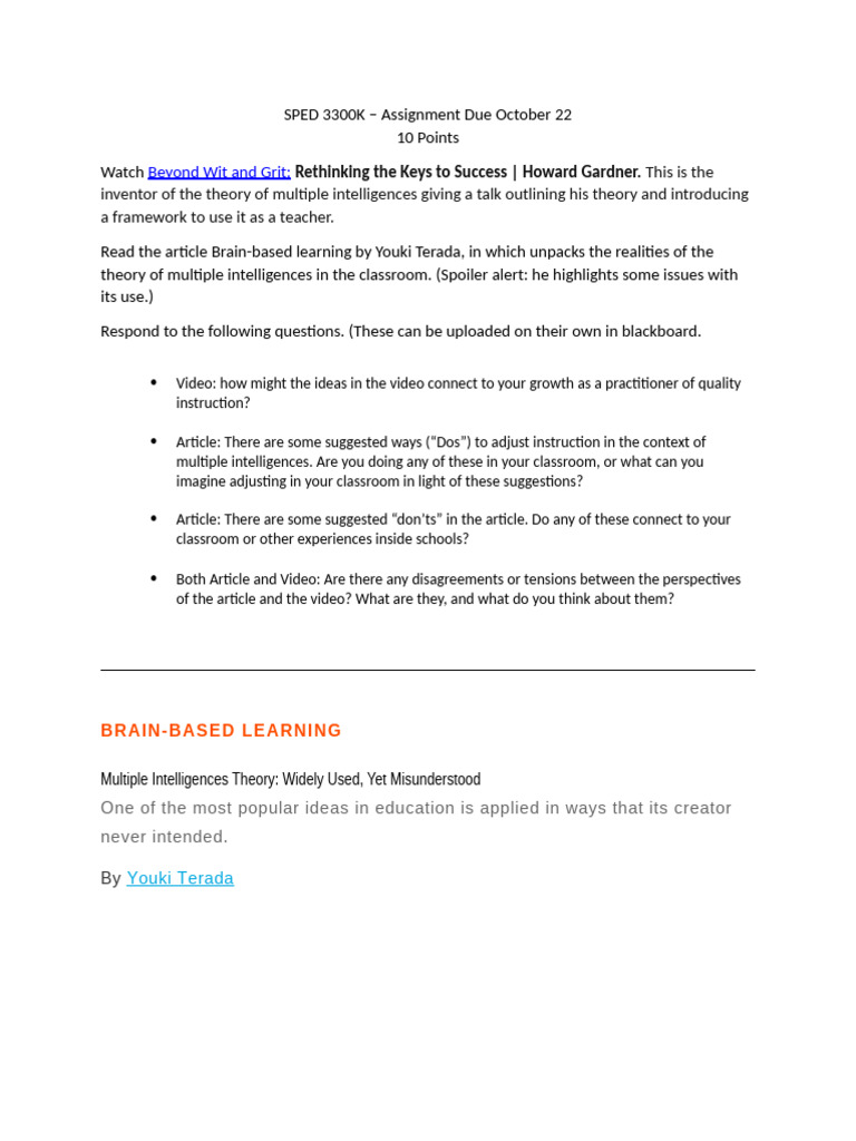 Assignment Due October 22 - Unpacking Multiple Intelligences | PDF ...