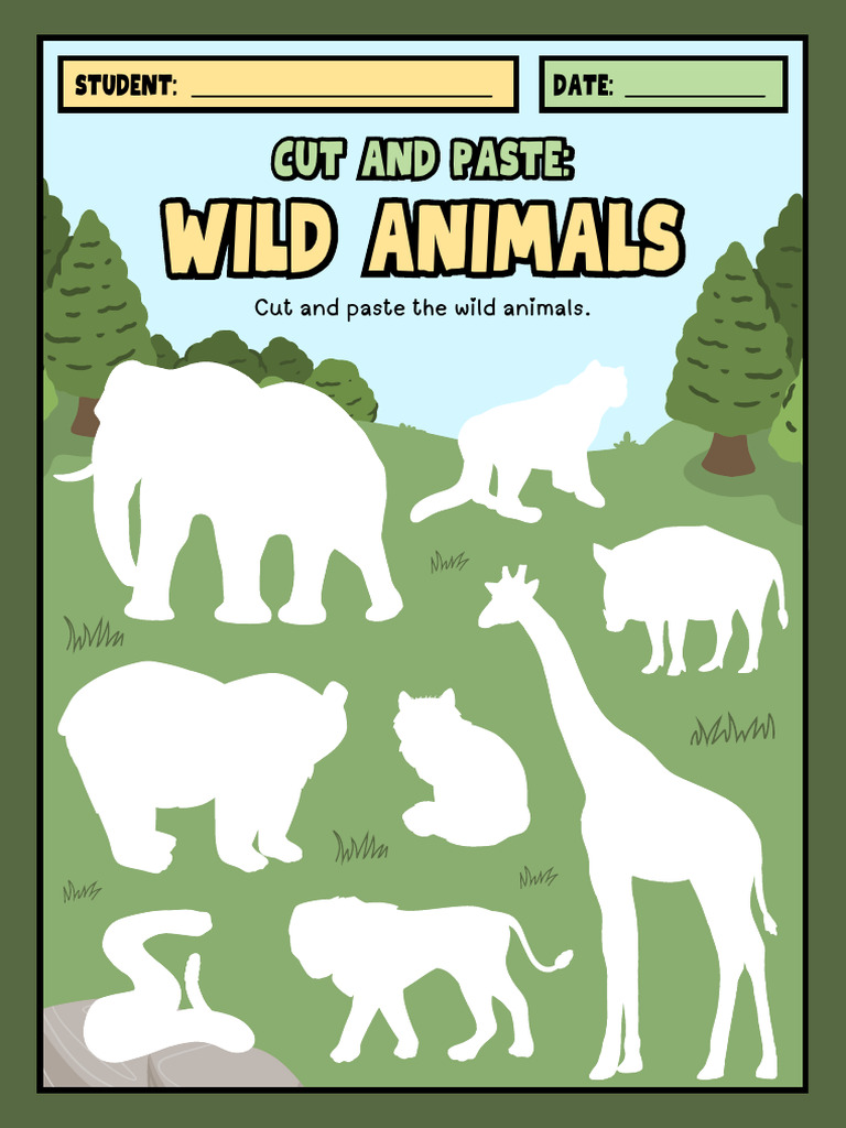 Wild Animals Cut and Paste Worksheet in Green Comic Style | PDF