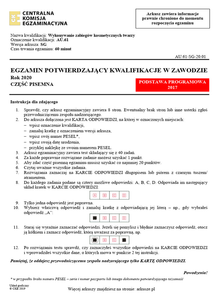 Au61 2020 Styczen Egzamin Zawodowy Pisemny | PDF