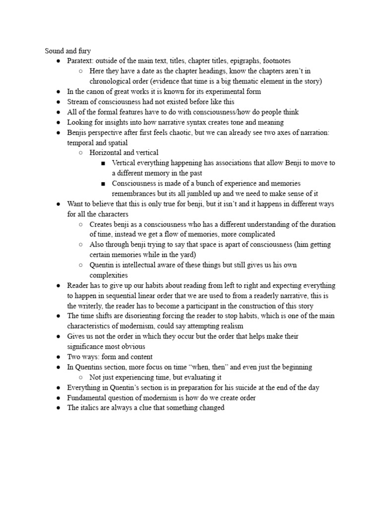 Sound and Fury Narrative Theory Class Notes | PDF | Consciousness ...
