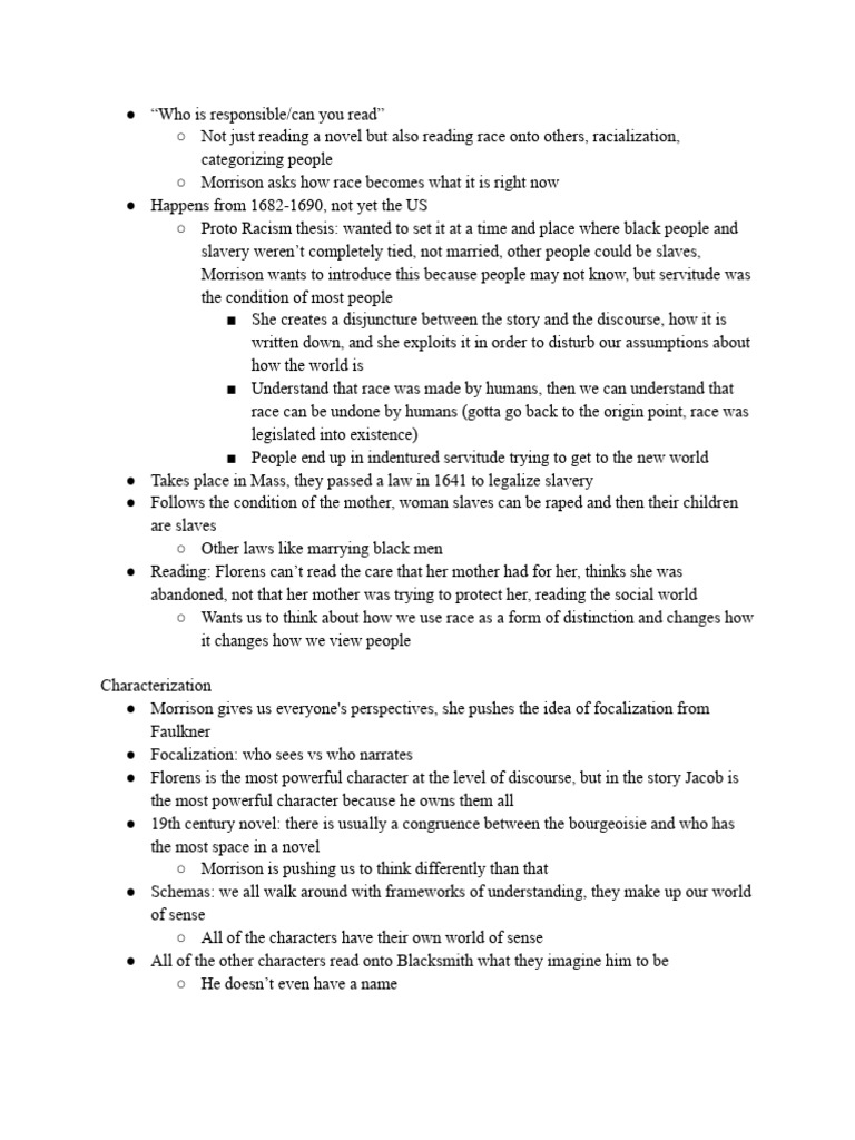 A Mercy Toni Morrison Narrative Theory Class Notes | PDF
