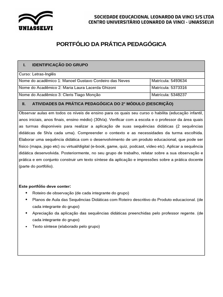 Modelo de Portfólio Da Prática Pedagógica 2 FP (Ok) | PDF | Pedagogia