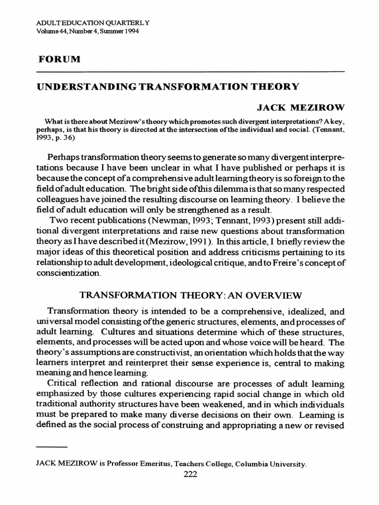 Understanding Transformation Theory - Mezirow 1994 | PDF