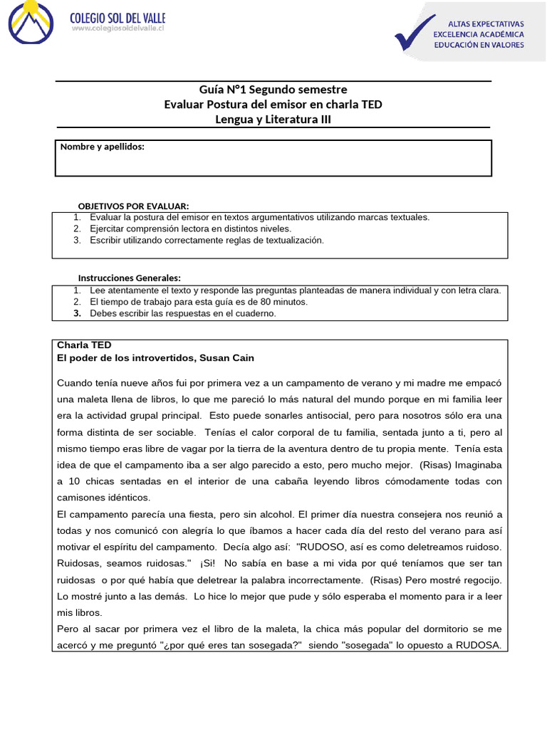 Guía 1 Evaluar Charla TED Lengua y Literatura III | PDF | Creatividad ...