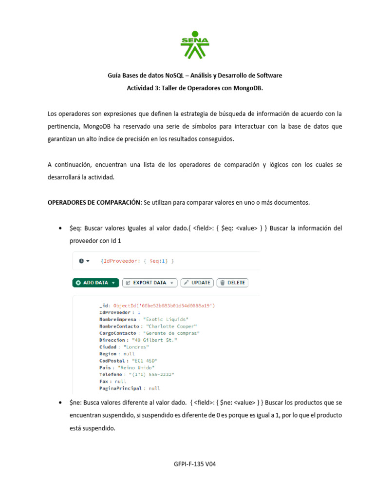 Actividad 3 - Taller de Operadores Con MongoDB | PDF | Mongo Db | Ciencias de la Computación