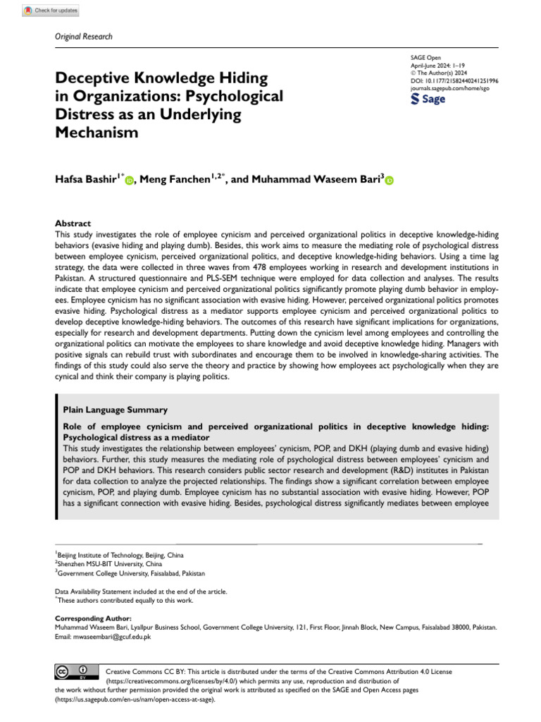 Deceptive Knowledge Hiding in Organizations Psychological Distress As ...