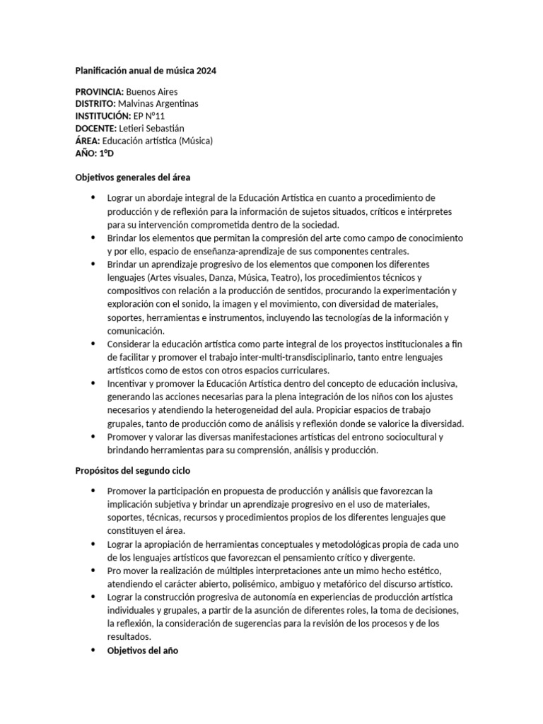 Planificación Anual De Música 2024 1ro D Pdf Canciones Ritmo