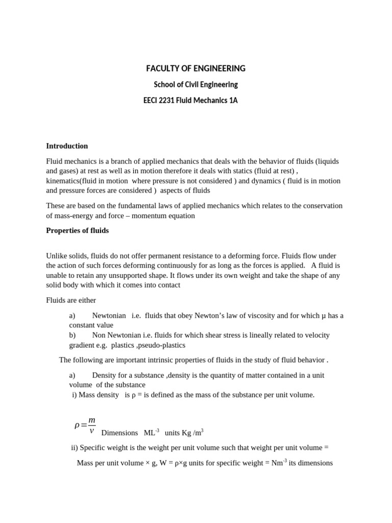 Ecsi 2023p Fuid Mechanics 1a - 1 | PDF | Fluid | Fluid Mechanics