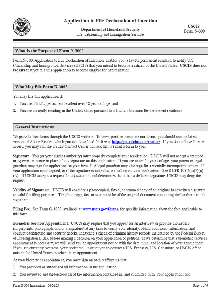 USCIS Form N-300 Application Guide | PDF | United States Citizenship ...