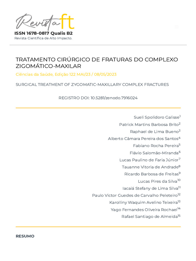 Artigo TRATAMENTO CIRÚRGICO DE FRATURAS DO COMPLEXO ZIGOMÁTICO-MAXILAR - ISSN 1678-0817 Qualis ...