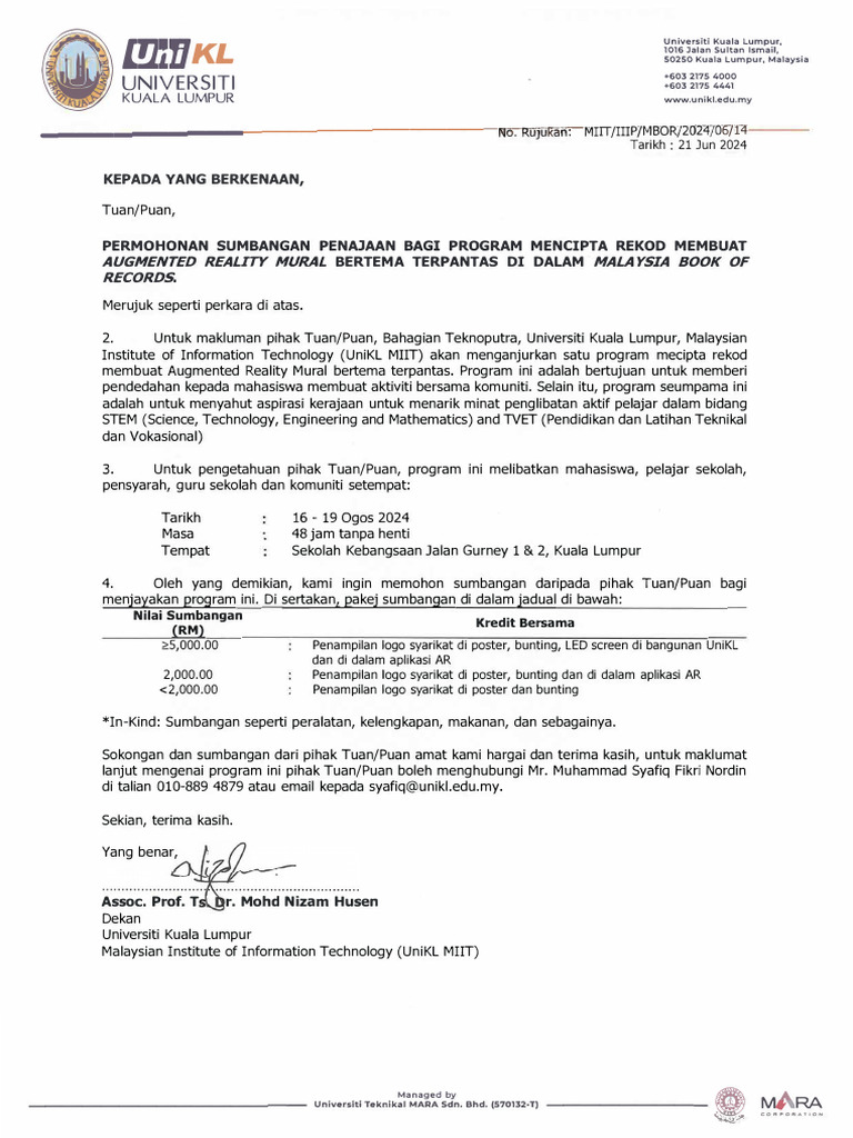 Sponsorship Letter - UniKL MIIT | PDF