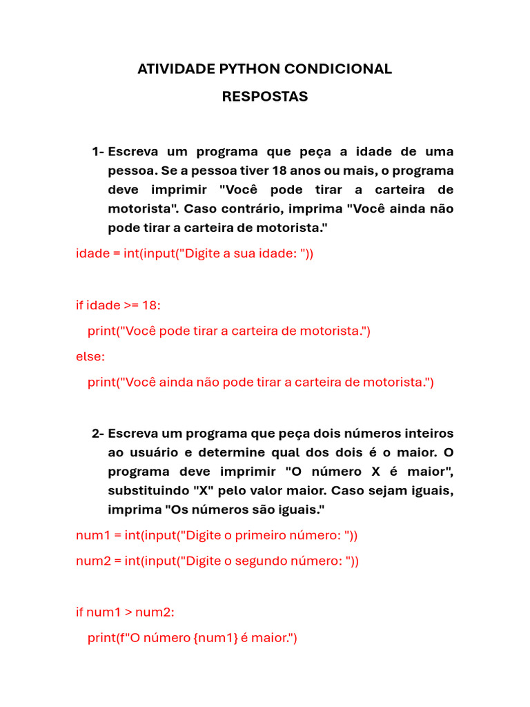 Atividade Python Condicional Respostas | PDF