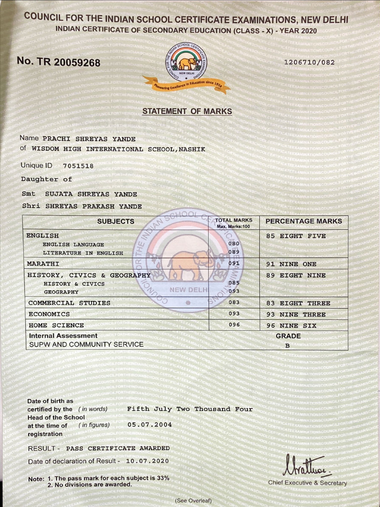 10 TH Marksheet | PDF