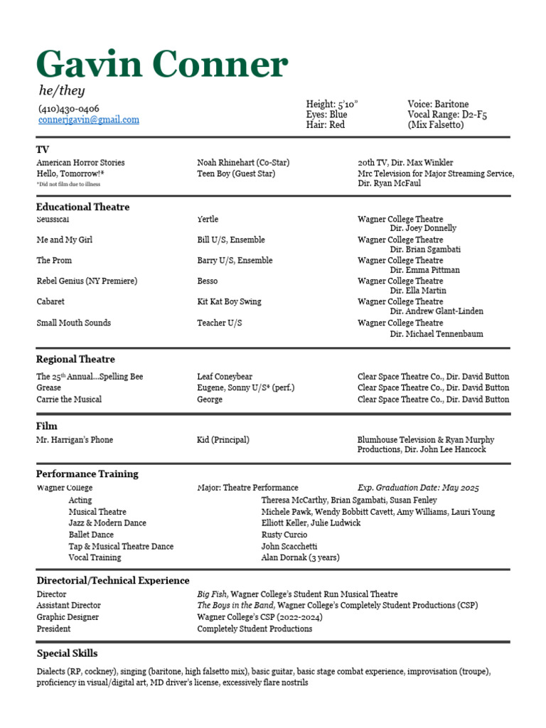 Gavin Conner - Artistic Resume | PDF | Performing Arts | Entertainment