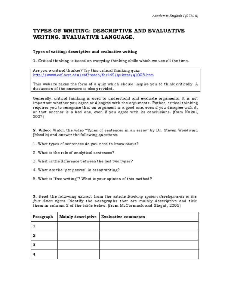 Types Of Writing Descriptive And Evaluative Writing Evaluative Language Download Free Pdf