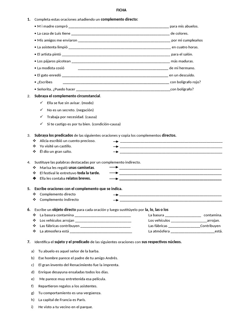 Ficha de Complemento Directo e Indirecto Del Predicado | PDF