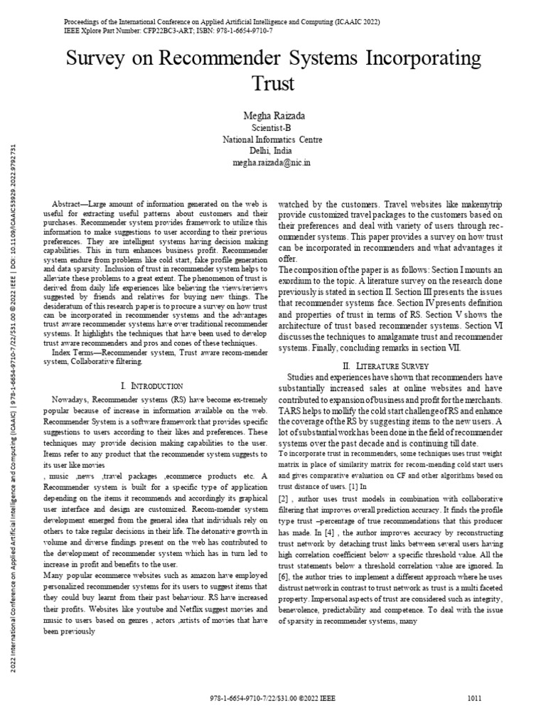 Survey On Recommender Systems Incorporating Trust Pdf Computing Information Technology