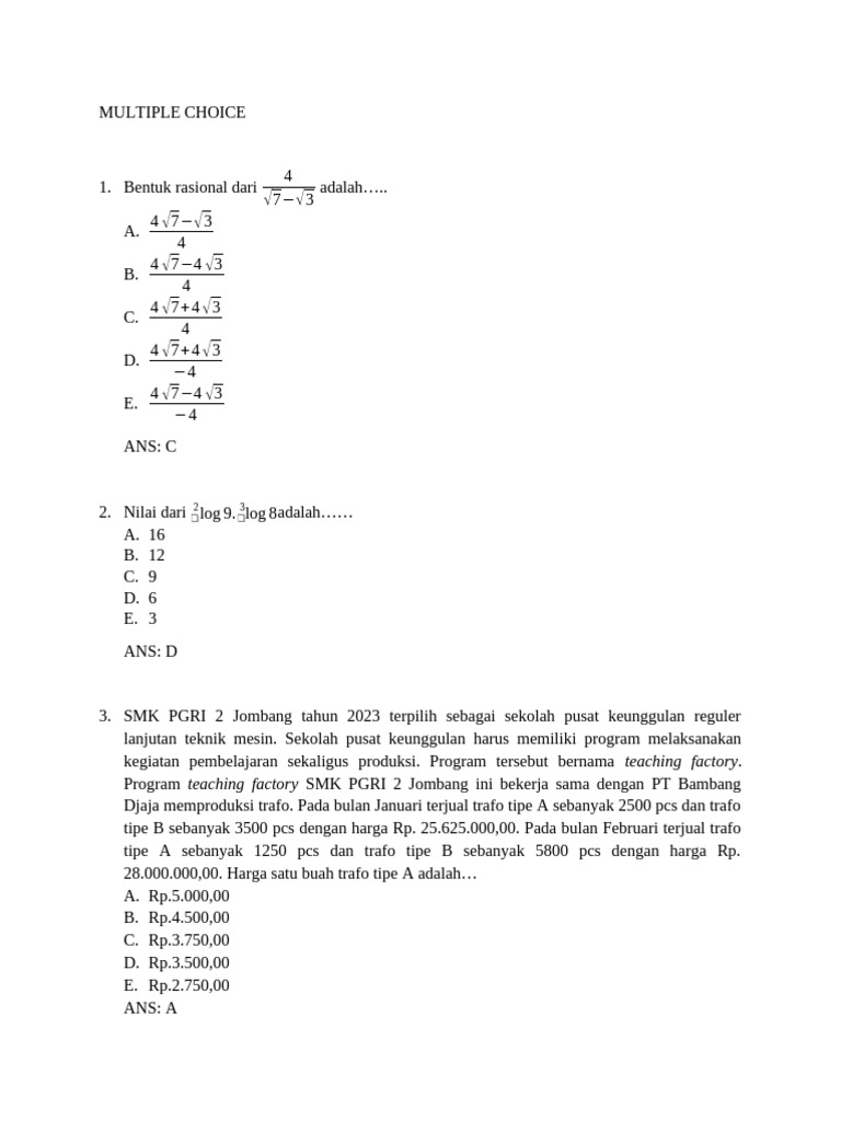 Soal USP Matematika 2023-2024 | PDF | Sains & Matematika