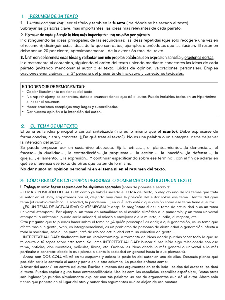 Resumen y Tema y Comentario Crítico de Un Texto | PDF | Comprensión lectora