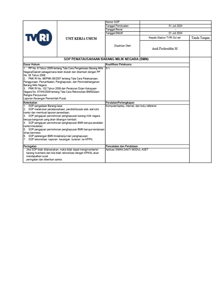 Sop BMN Sulsel | PDF