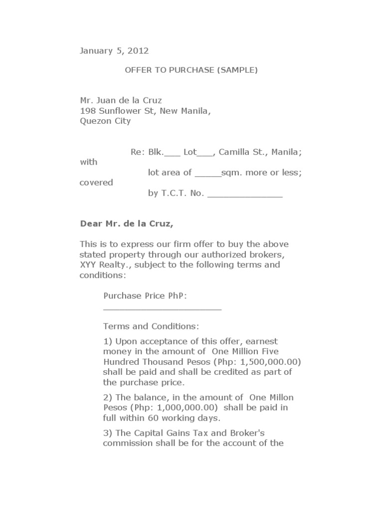 Offer to Purchase Sample