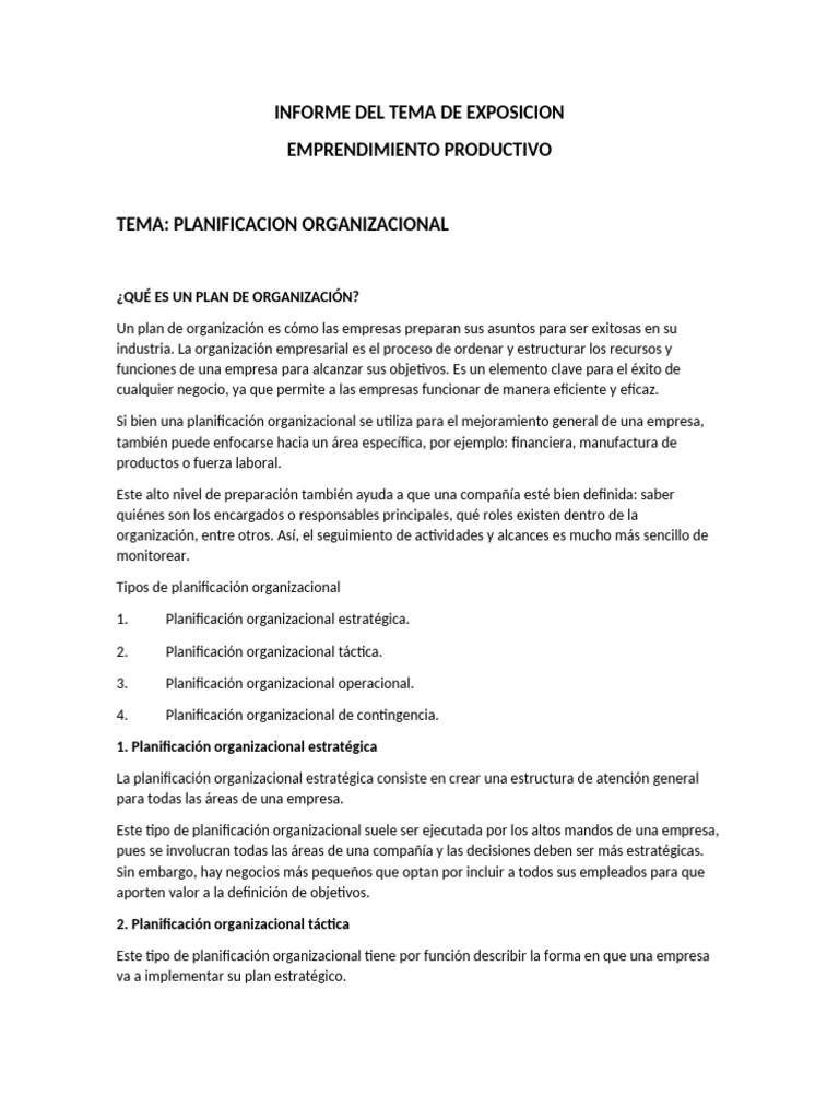Informe Del Tema de Exposicion | PDF | Planificación | Business