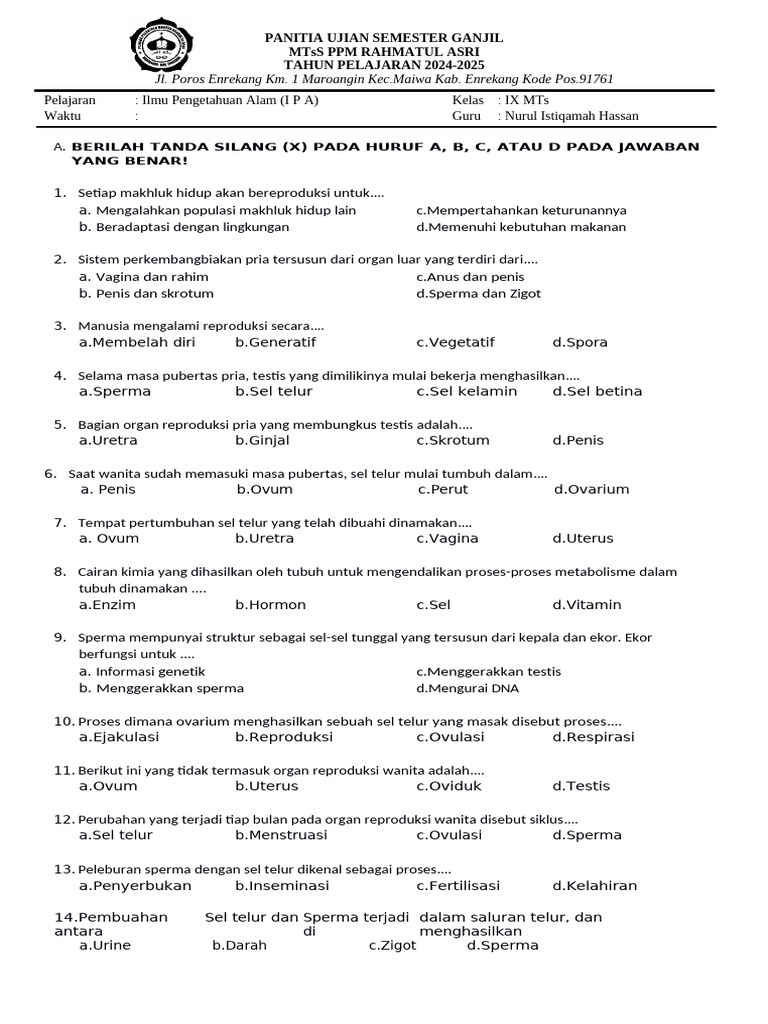 Soal IPA Kls 9 Ganjil 2024-2025 | PDF