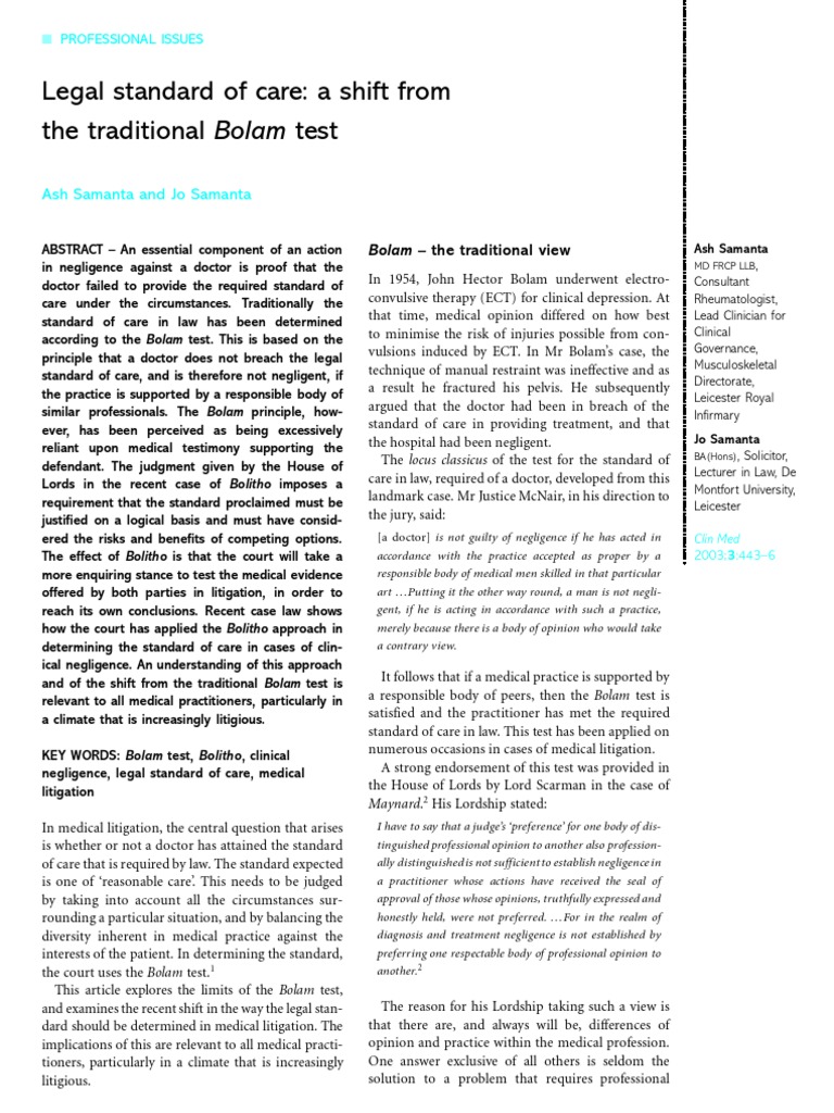 Bolam Test 2003 | Download Free PDF | Standard Of Care | Negligence