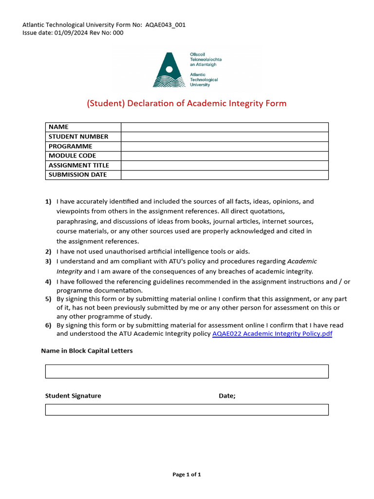 PDF Student Declaration of Academic Integrity | PDF | Career & Growth