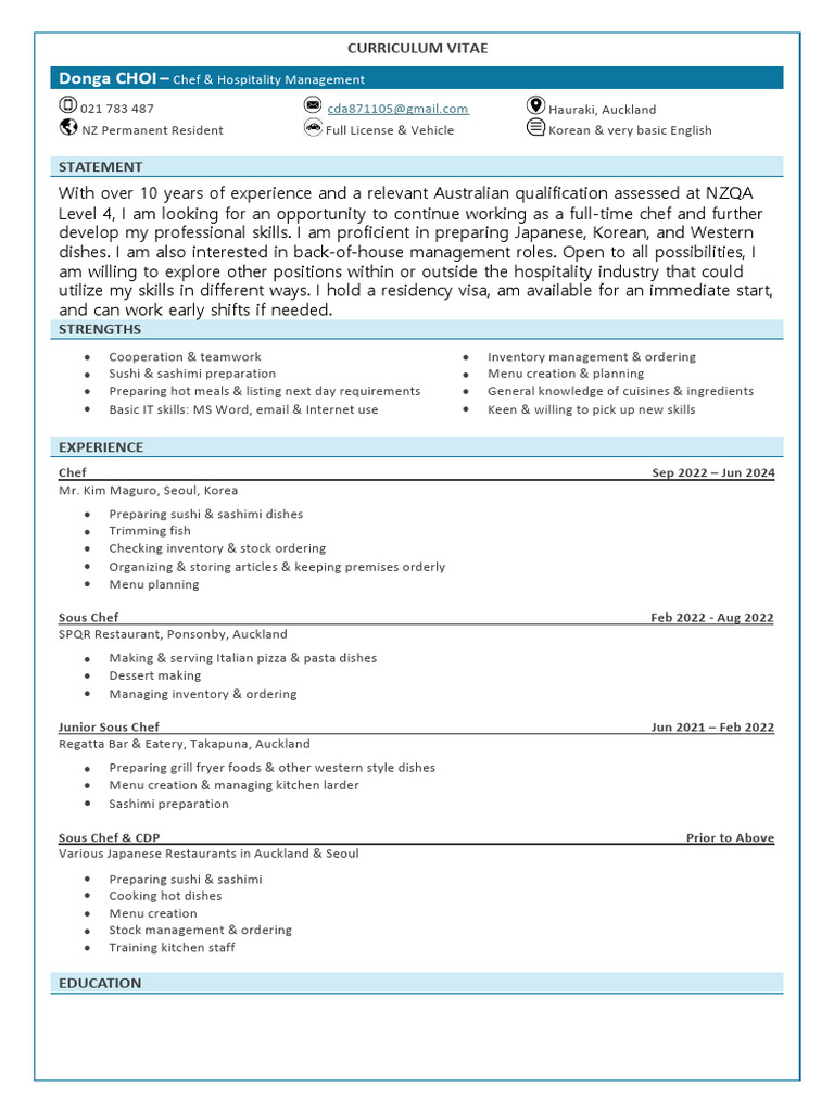 JEFF - CV | PDF | Chef | Menu