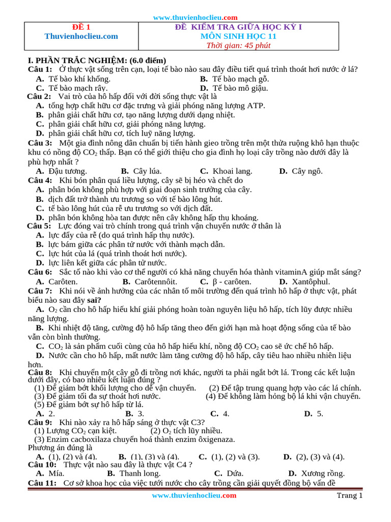 Bo de KT Giua HK1 Sinh 11 Co Dap An | PDF