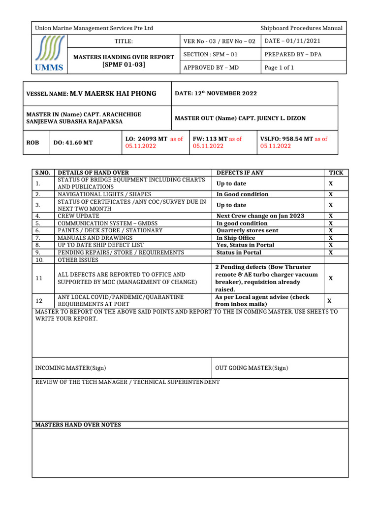 Masters Handover Report Guide | PDF | Crane (Machine) | Shipping