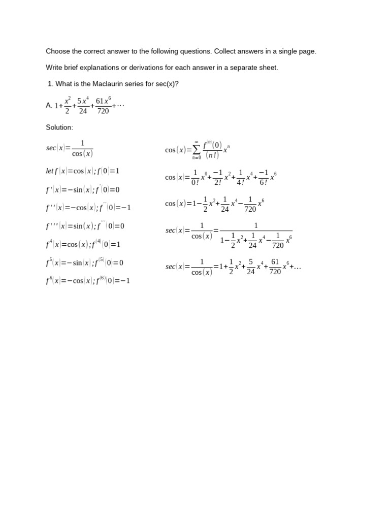 Maclaurin Series for Secant Function | PDF