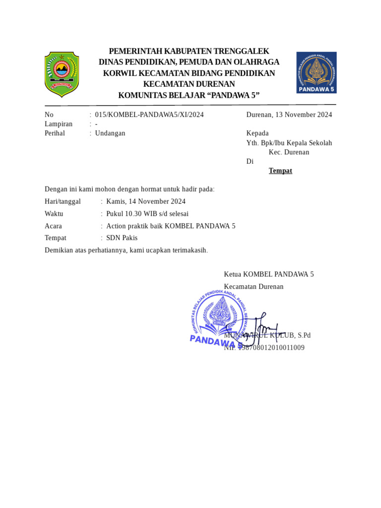 Surat Undangan Kombel - Guru | PDF