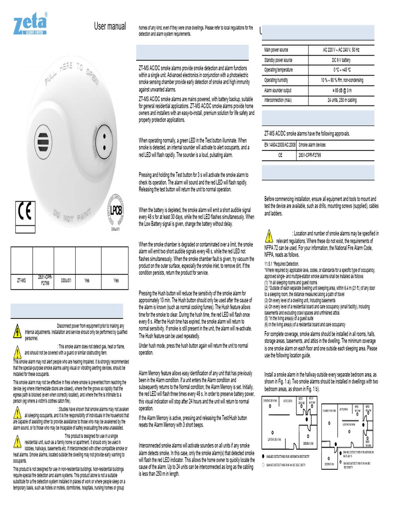 ZT-MS AC/DC Smoke Alarm Manual | PDF | Electrical Wiring | Electricity