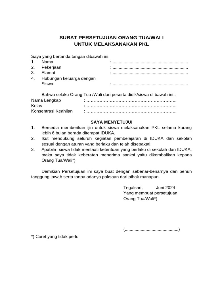 Surat Persetujuan Orang Tua (PKL) 2425 | PDF