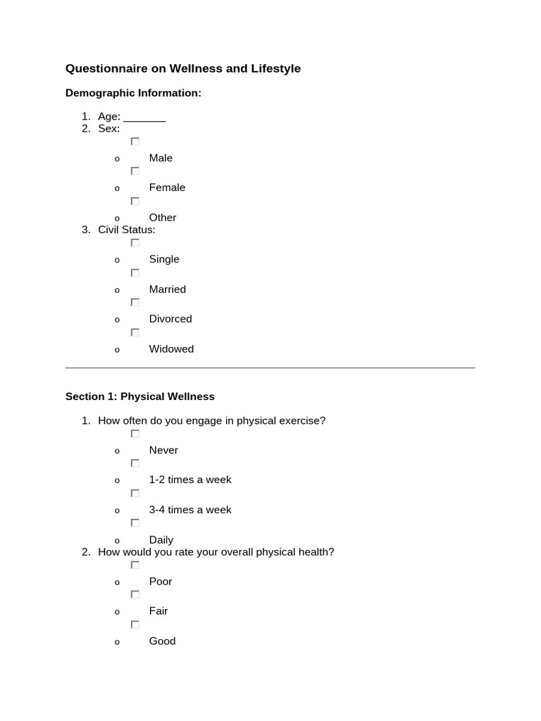 Wellness and Lifestyle Questionnaire | PDF | Psychology | Psychological ...