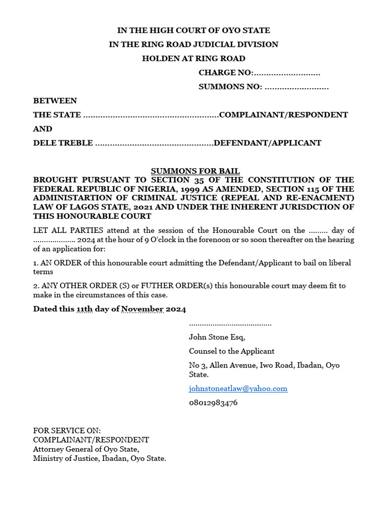 Bail Application for Dele Treble in Oyo Court | PDF | Bail | Summons