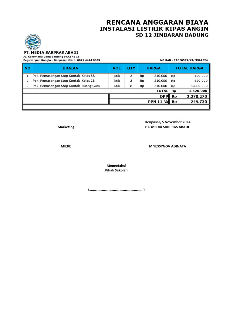 Rab SD 12 Jimbaran (Instalasi Listrik Kipas Angin) | PDF