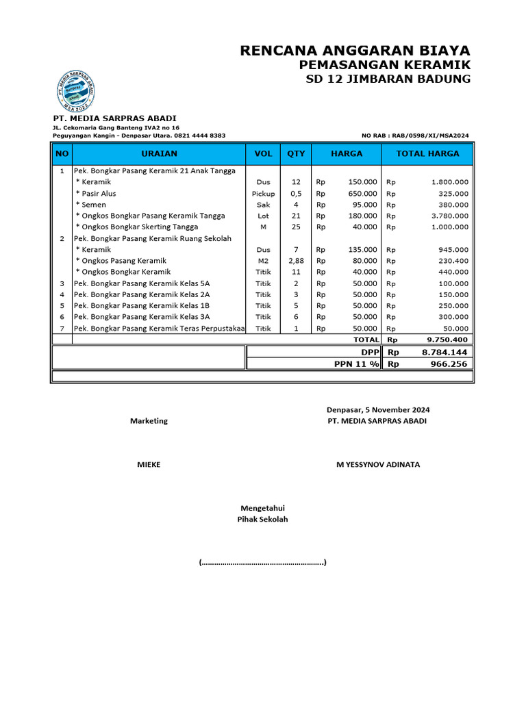 Rab SD 12 Jimbaran (Pemasangan Keramik) | PDF