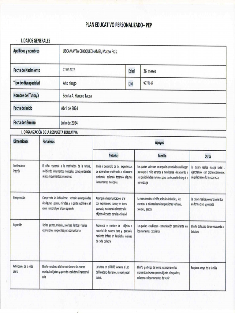 Plan Educativo Personalizado - Pep | PDF