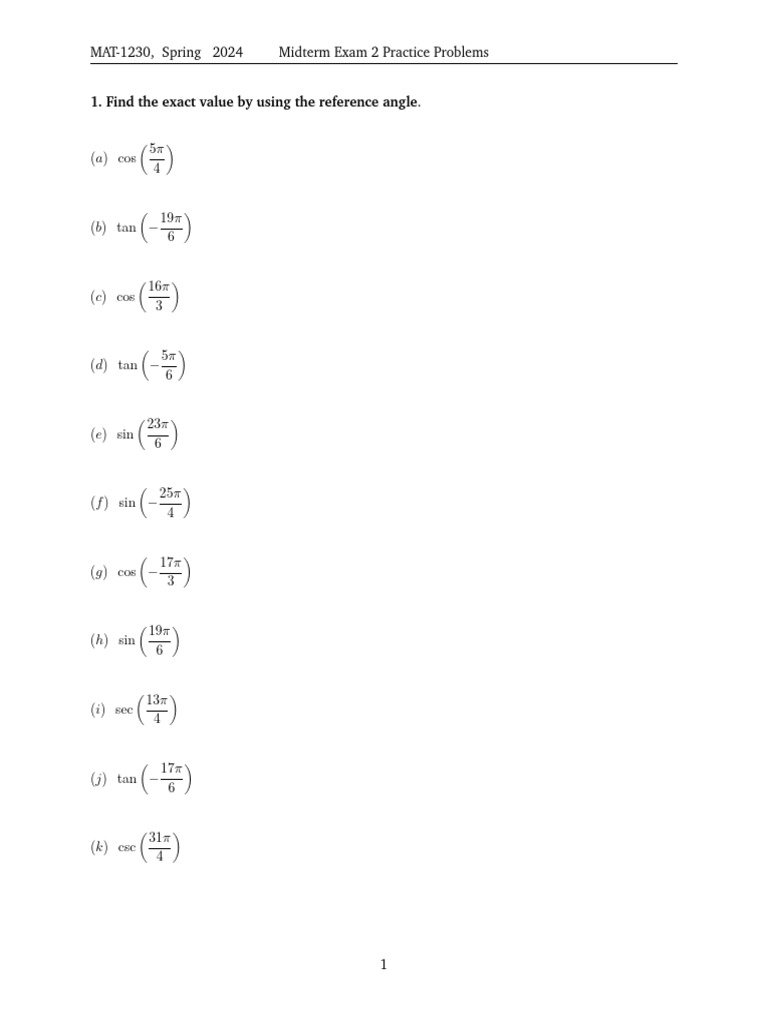 MAT-1230 Spring 2024 Midterm Exam Practice | PDF | Trigonometric Functions | Mathematical Objects