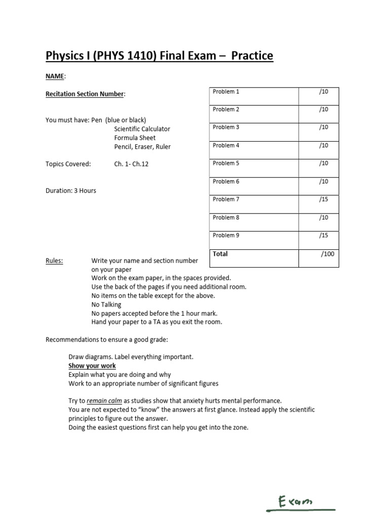 Practice Exam For The FinalExam | PDF | Force | Newton's Laws Of Motion